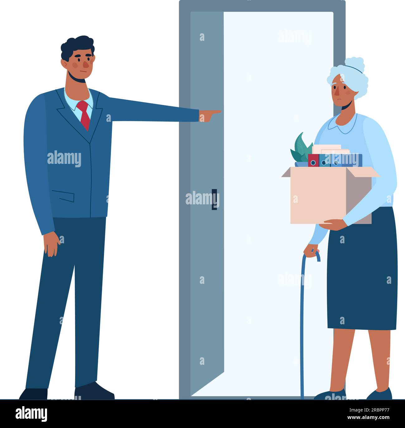 Retirement. Fired old woman leaves the office with a box in his hands ...