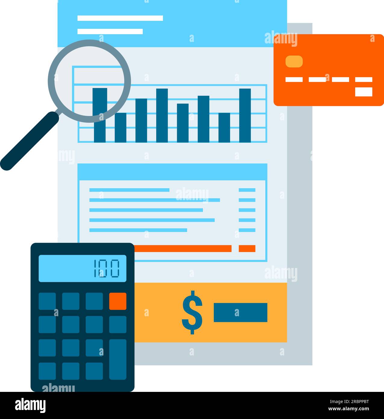 Financial report, magnifier, calculator and credit card: online banking ...