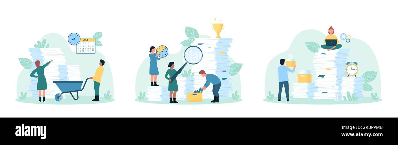 Office bureaucracy set vector illustration. Cartoon tiny people holding ...