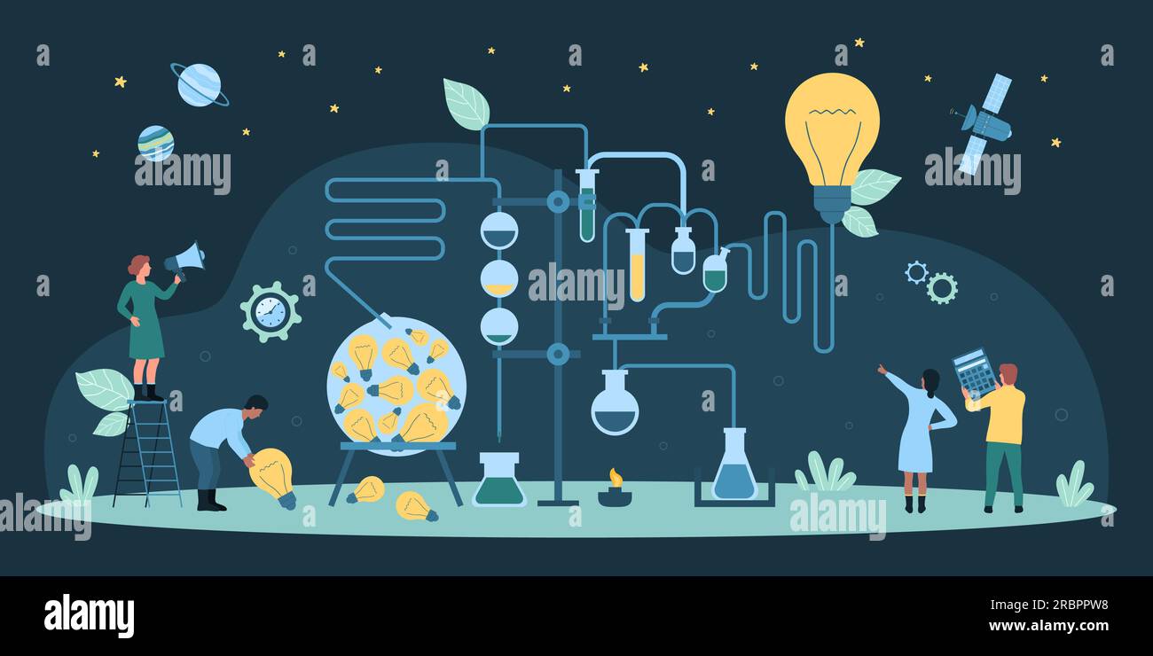 Cartoon tiny people work with scientific equipment, develop innovations ...