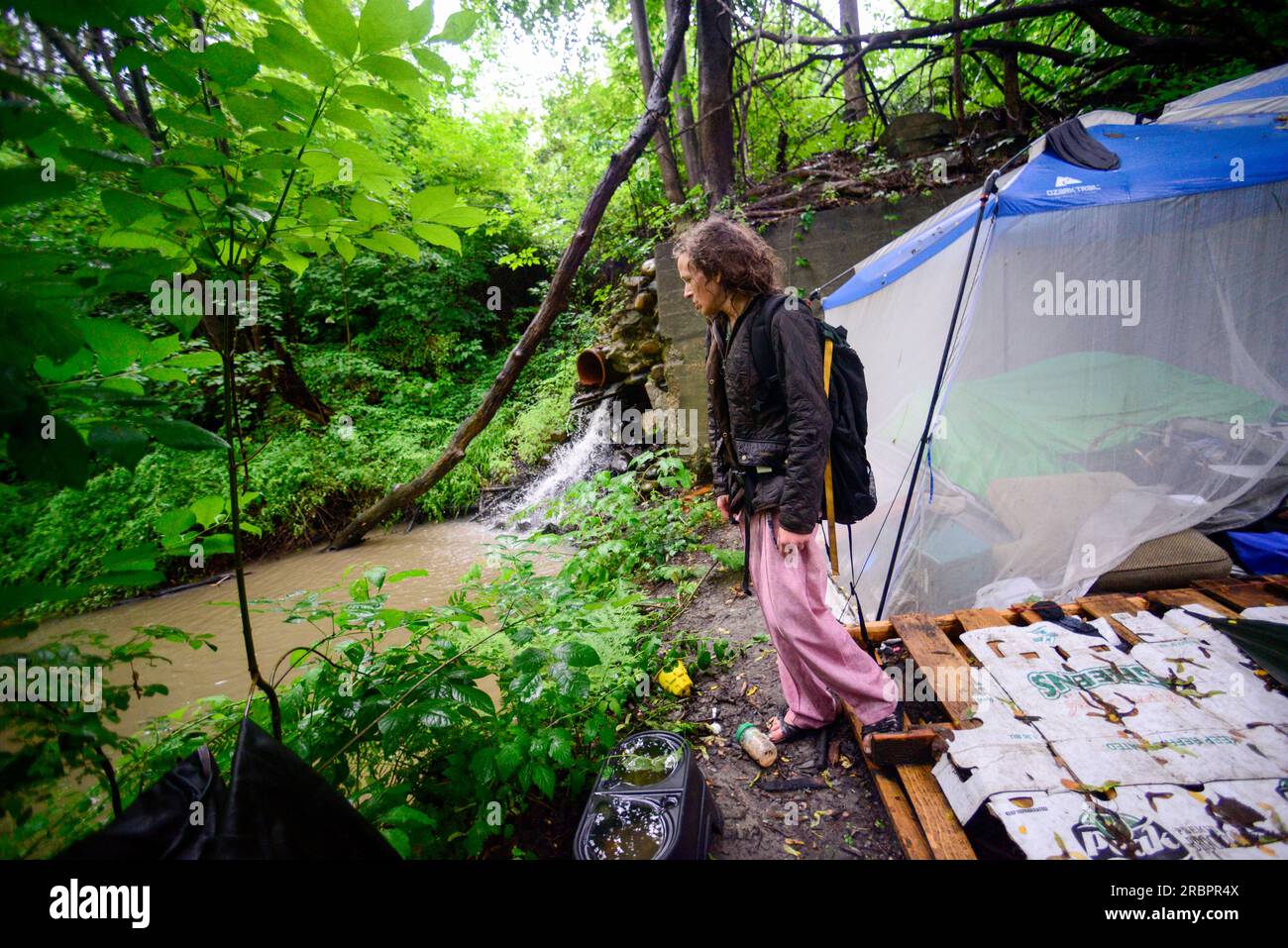 Ashley Heath, a person facing homelessness in Brattleboro, Vt., looks ...