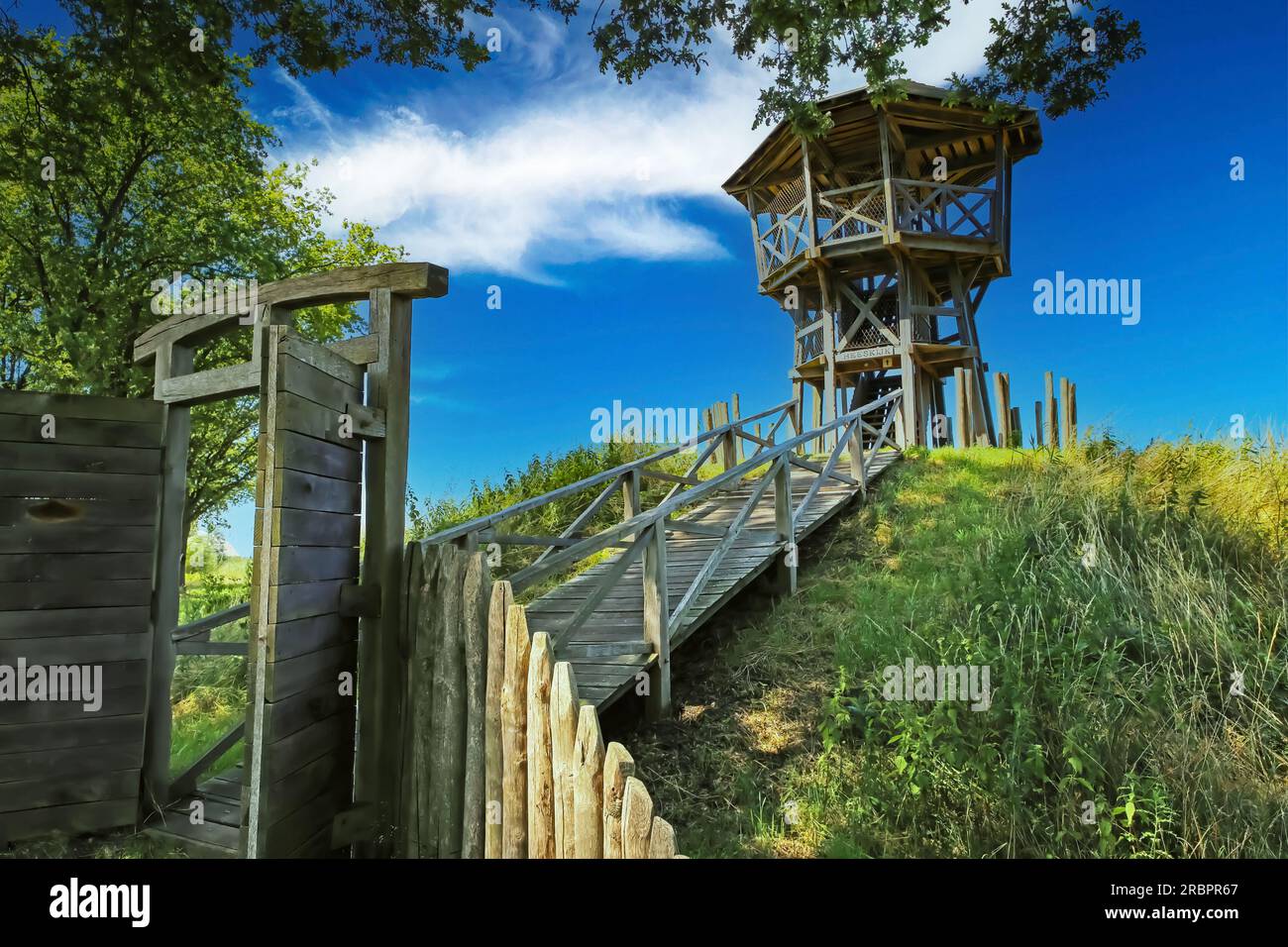 Beautiful wooden look-out tower with picnic spot on hill in rural dutch ...
