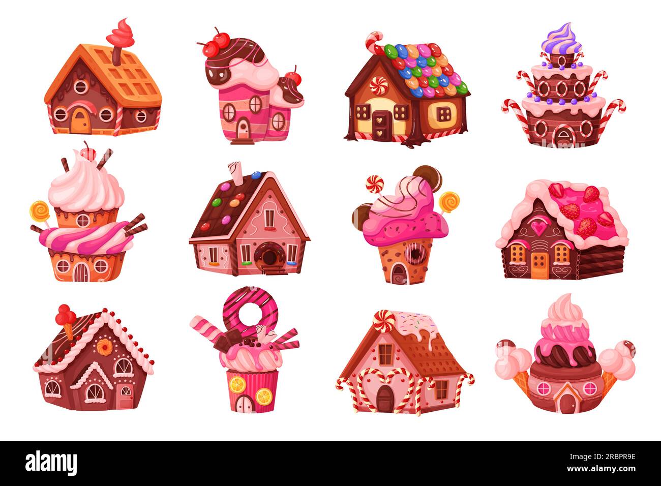Candy houses set vector illustration. Cartoon isolated confectionery ...