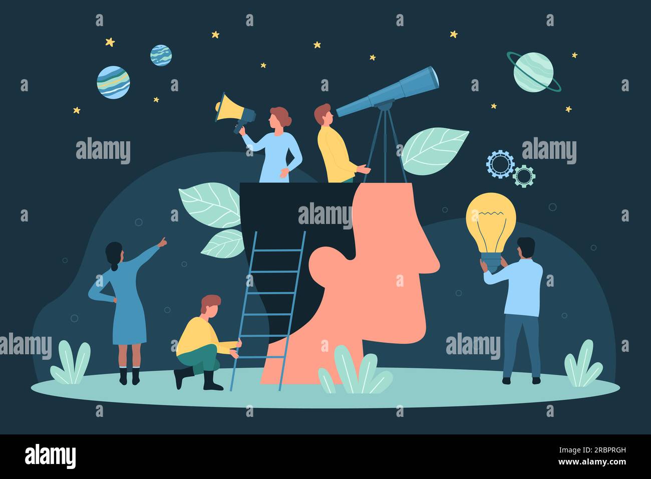 Cartoon tiny people inside abstract human head of businessman looking ...