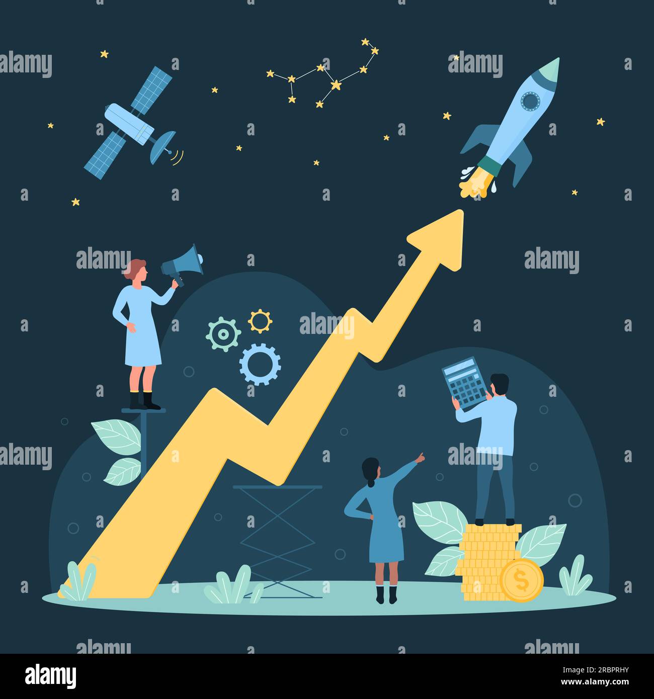 Cartoon tiny people launch fast rocket chart arrow growth, entrepreneur characters start new ...