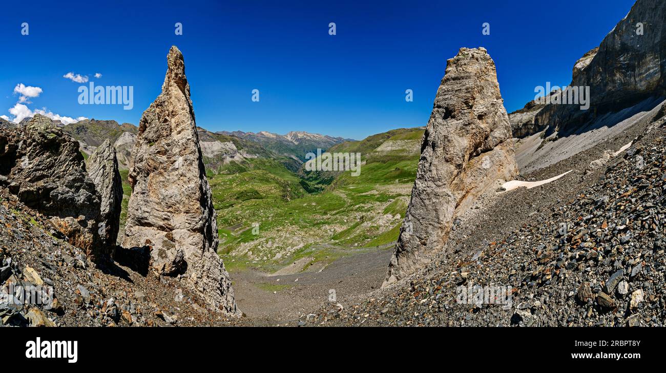 Panorama with two rock towers in the Cirque de Troumouse, Gavarnie ...