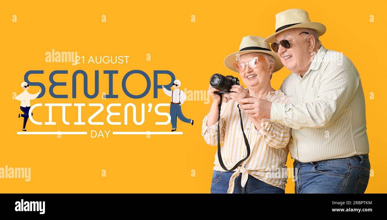 Banner for World Senior Citizen's Day with happy elderly couple holding ...