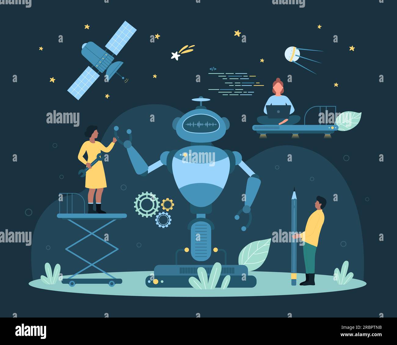 Cartoon tiny people building cyborg with electronic tools, software and ...