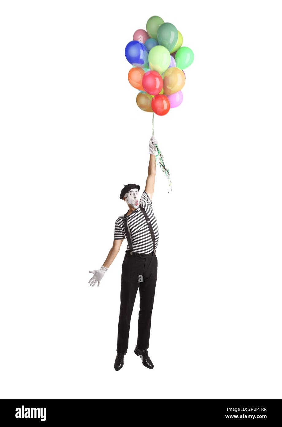 Mime flying and holding a bunch of balloons isolated on white ...