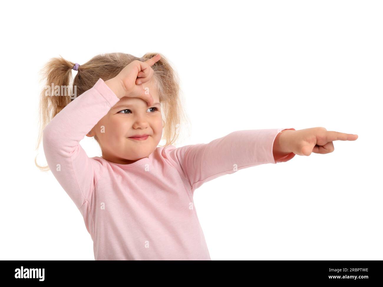Funny little girl showing loser gesture on white background Stock Photo ...