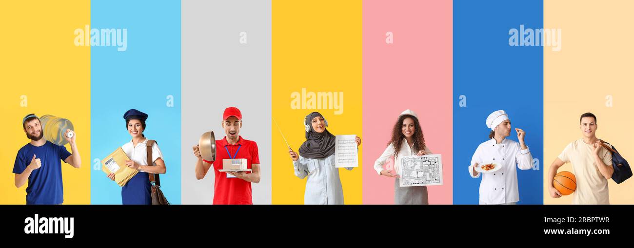 Collection of people of different professions on color background Stock ...