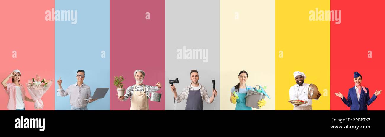 Group of people of different professions on color background Stock ...