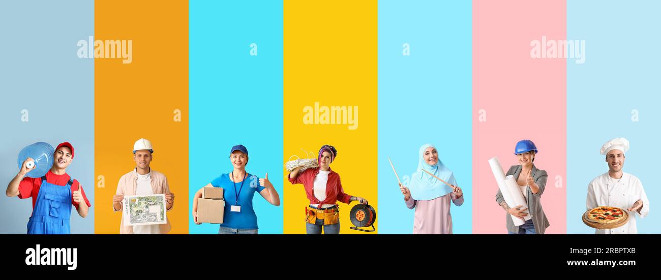 Collage of people of different professions on color background Stock ...