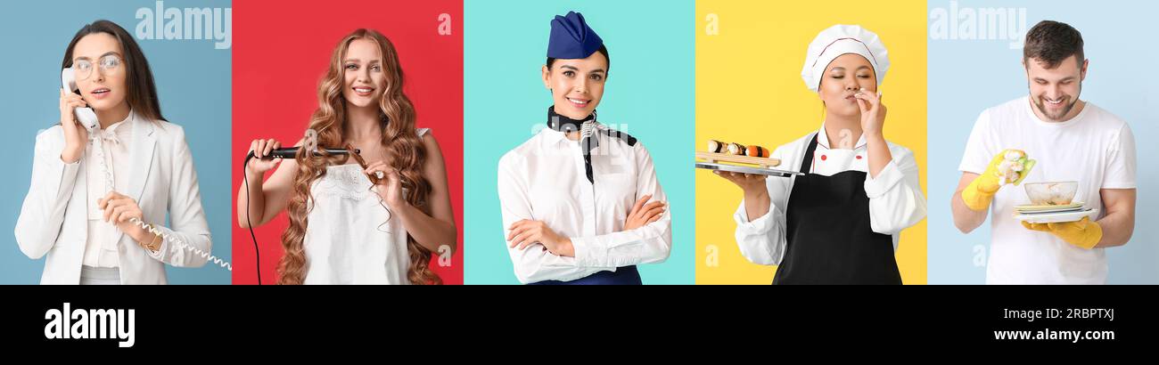 Collage of people of different professions on color background Stock ...