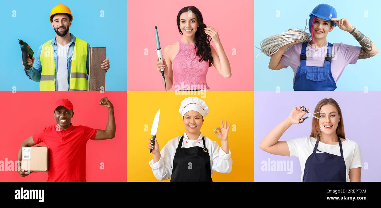 Collection of people of different professions on color background Stock ...