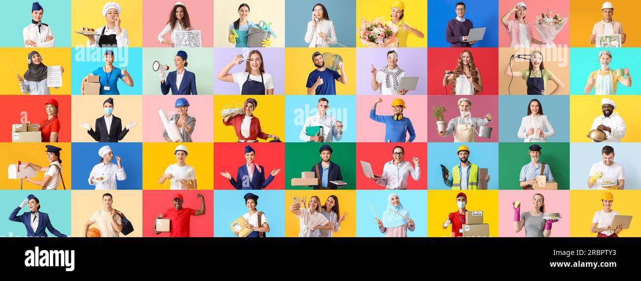Group of people of different professions on color background Stock ...