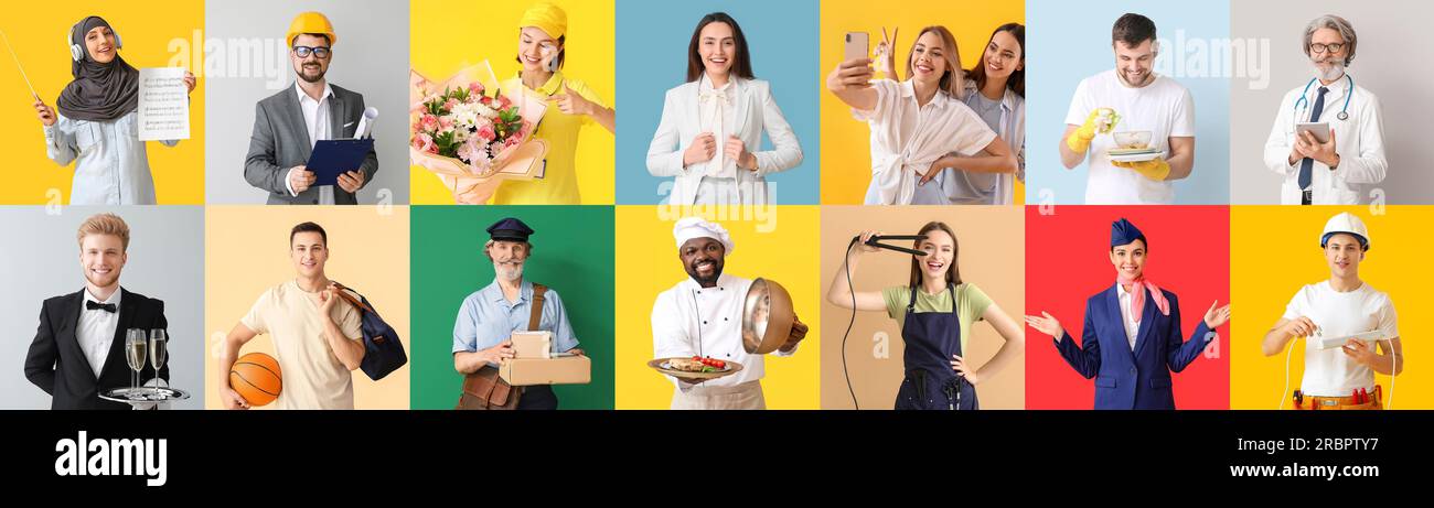 Collage of people of different professions on color background Stock ...