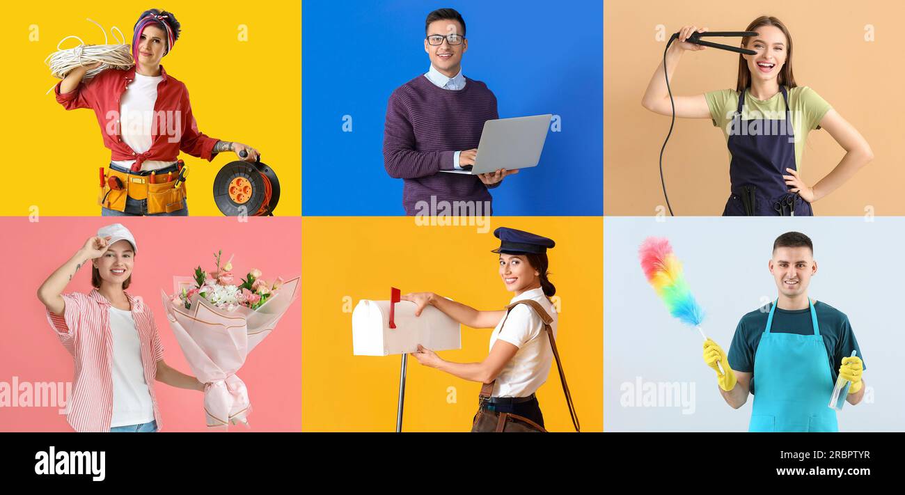 Group of people of different professions on color background Stock ...