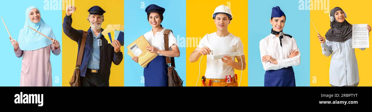 Group of people of different professions on yellow and blue backgrounds ...