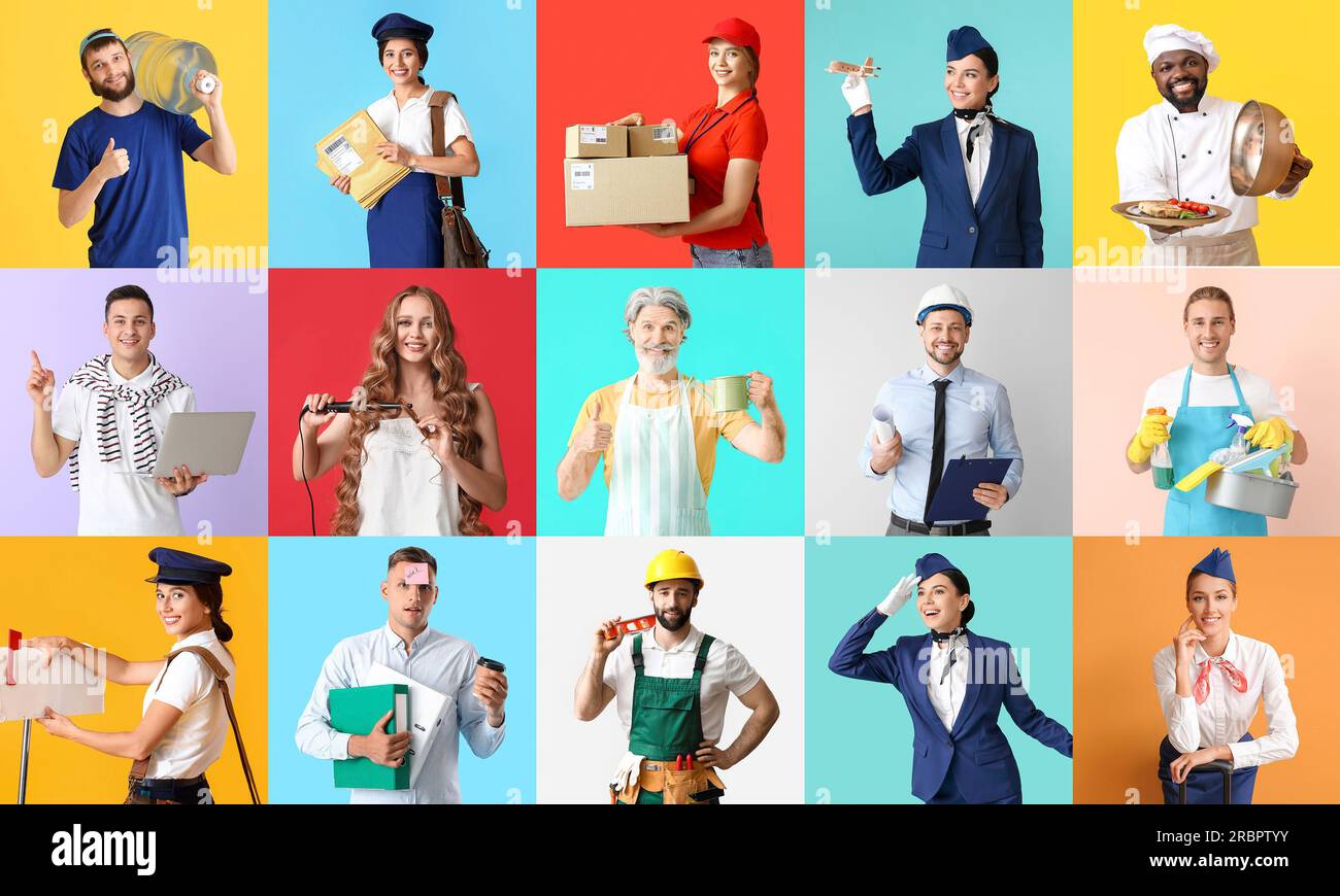 Collage of people of different professions on color background Stock ...