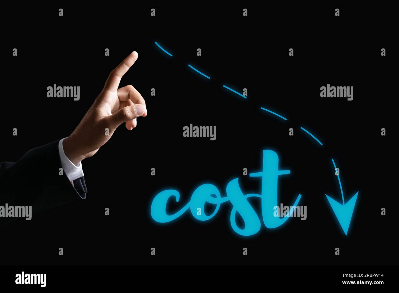 Businessman using virtual screen on dark background. Cost reduction ...