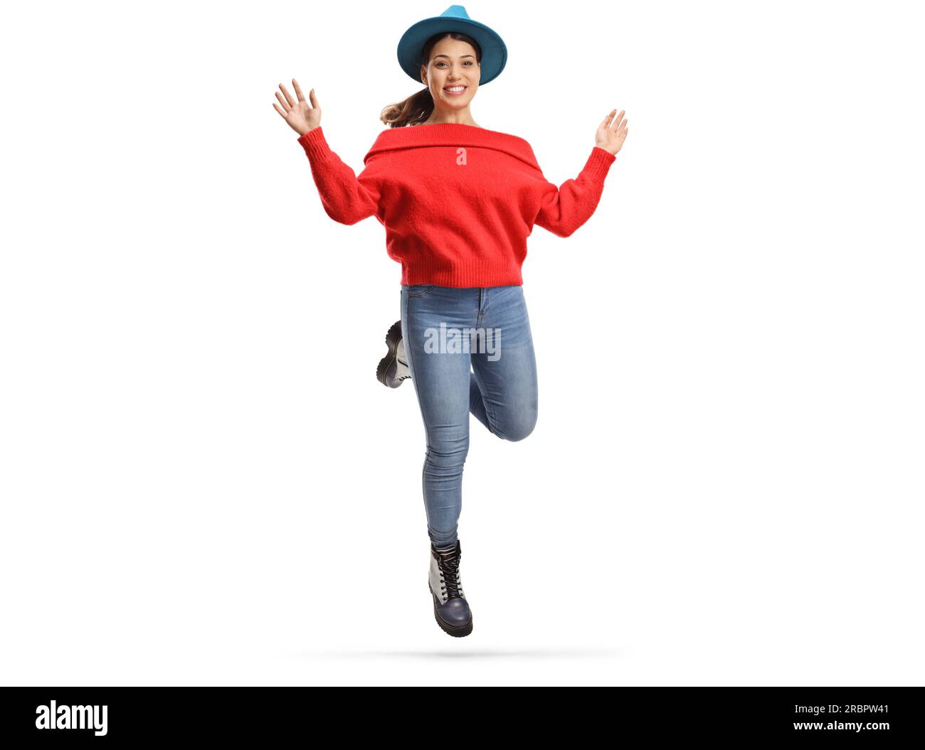 Portrait happy young woman jumping the air hi-res stock photography and ...