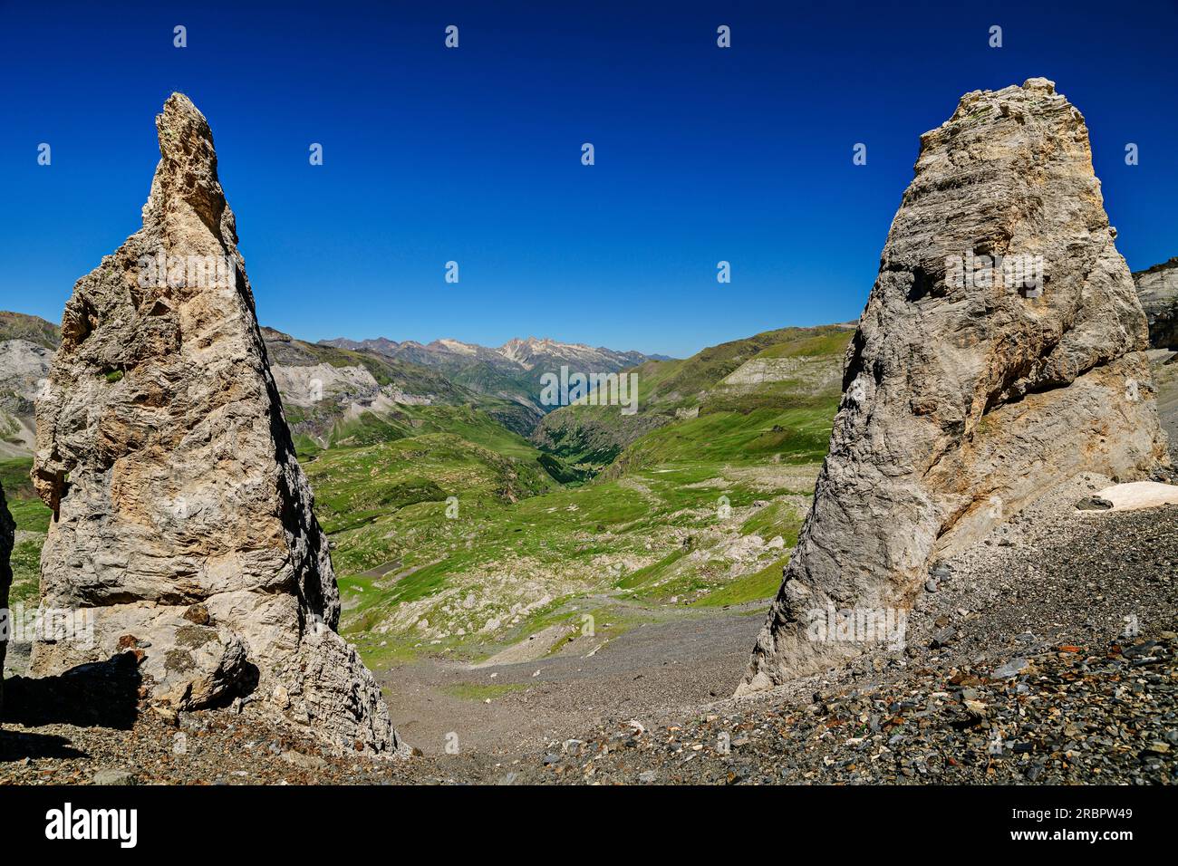 Two rock towers in the Cirque de Troumouse, Gavarnie, Pyrenees National ...