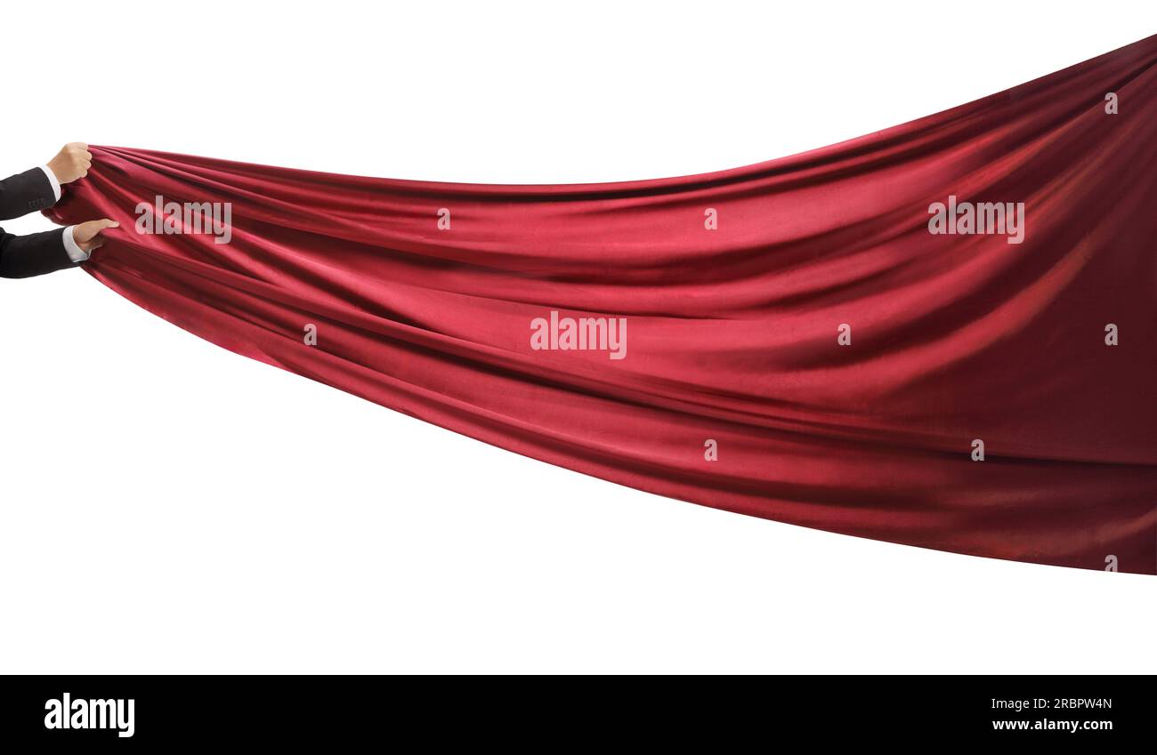 Male hands holding a red curtain isolated on white background Stock ...