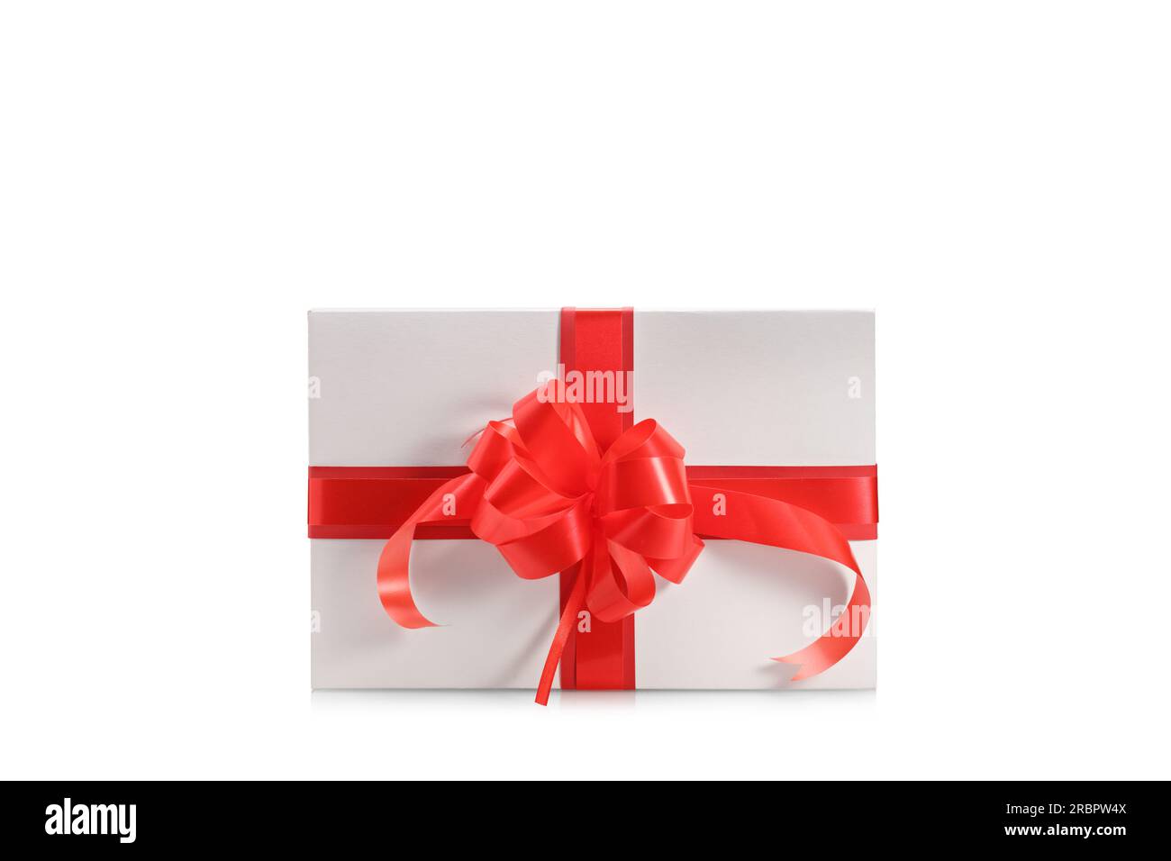 Rectangular white present box with a red ribbon isolated on white ...
