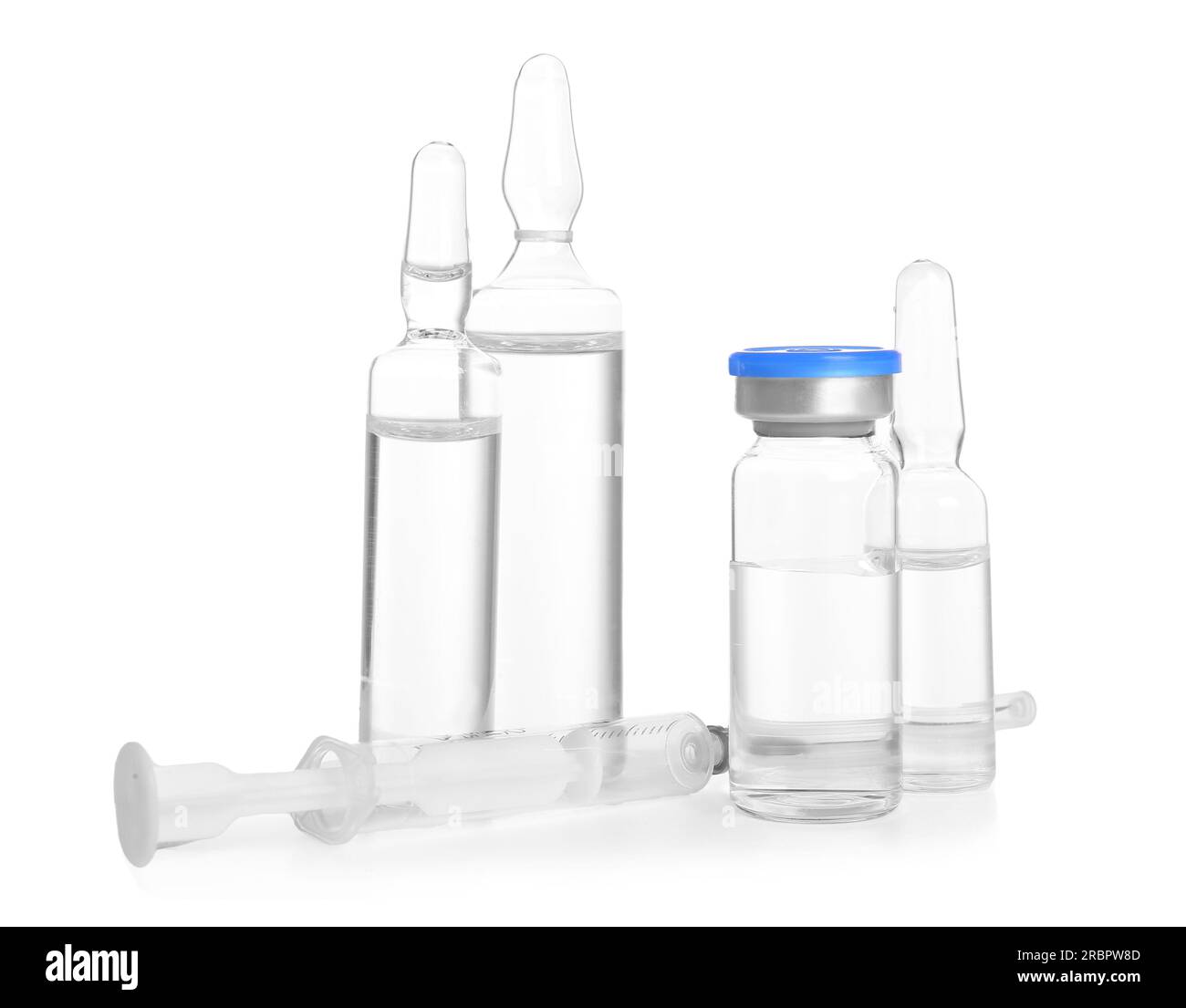 Medical ampules with syringe on white background Stock Photo - Alamy
