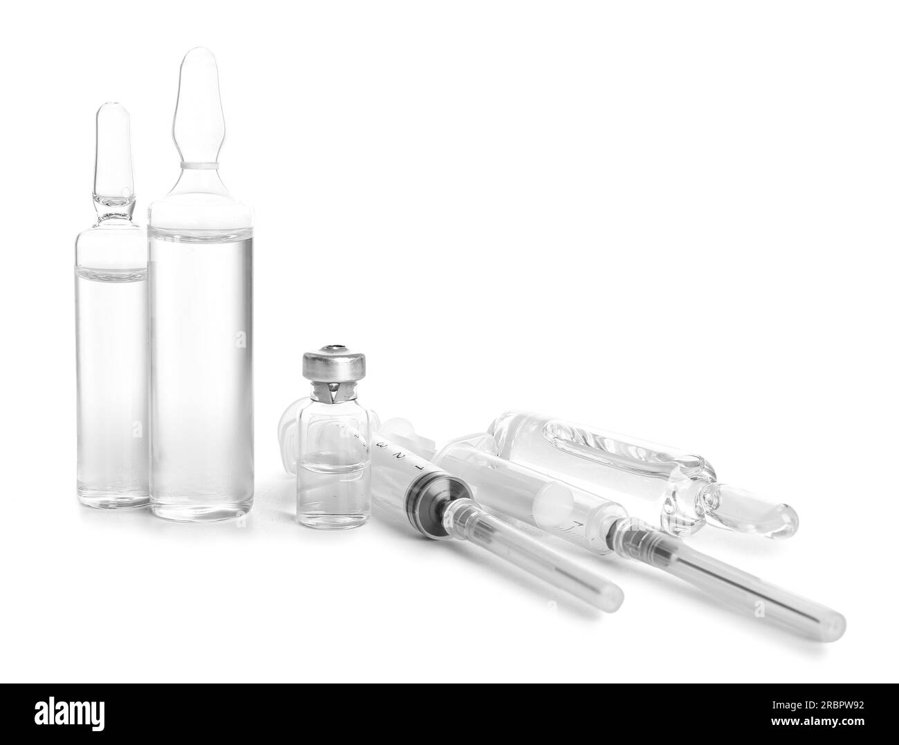 Medical ampules with syringes on white background Stock Photo - Alamy