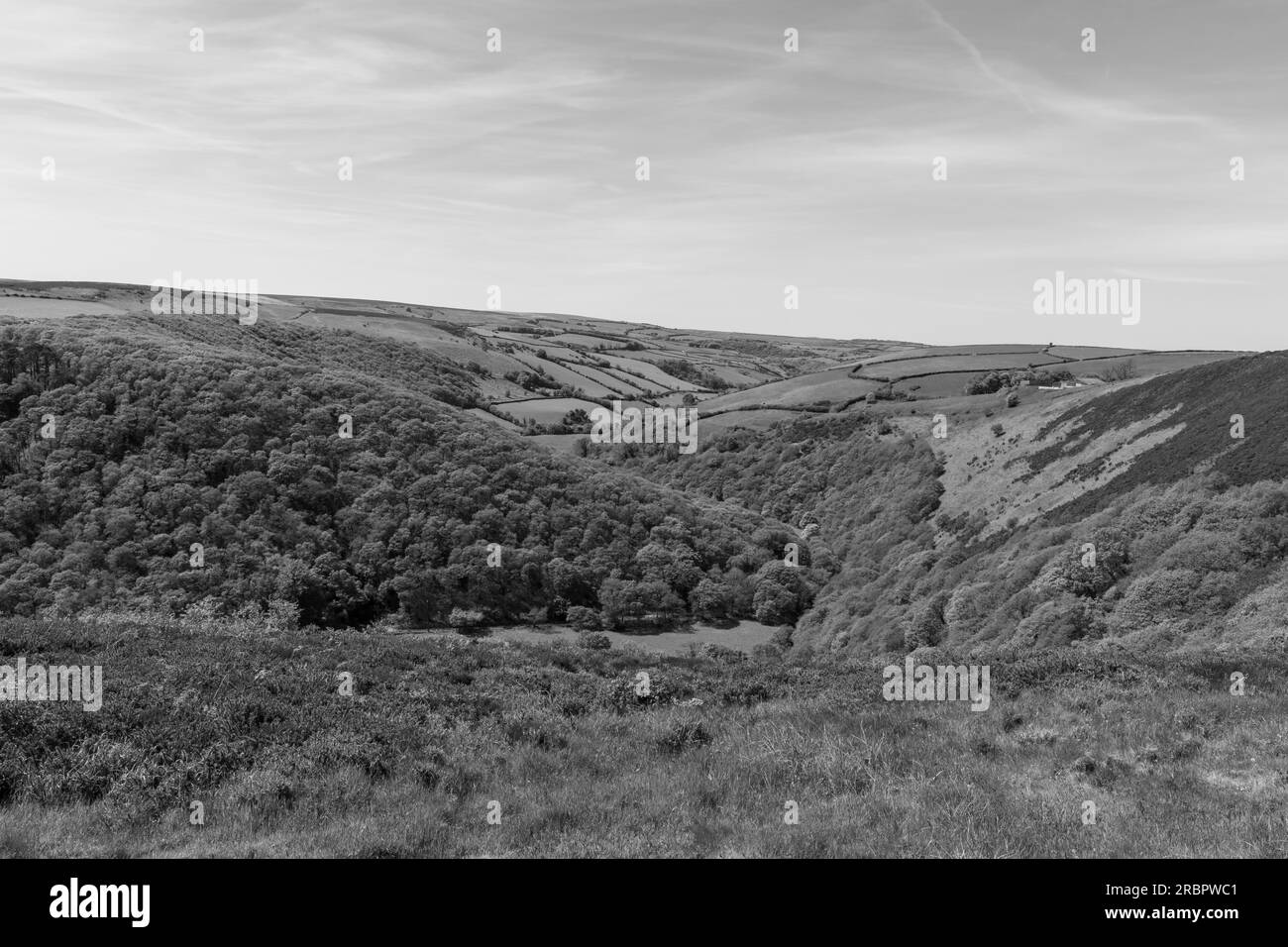 Black and white photo of the Doone valley in Exmoor National Park Stock ...