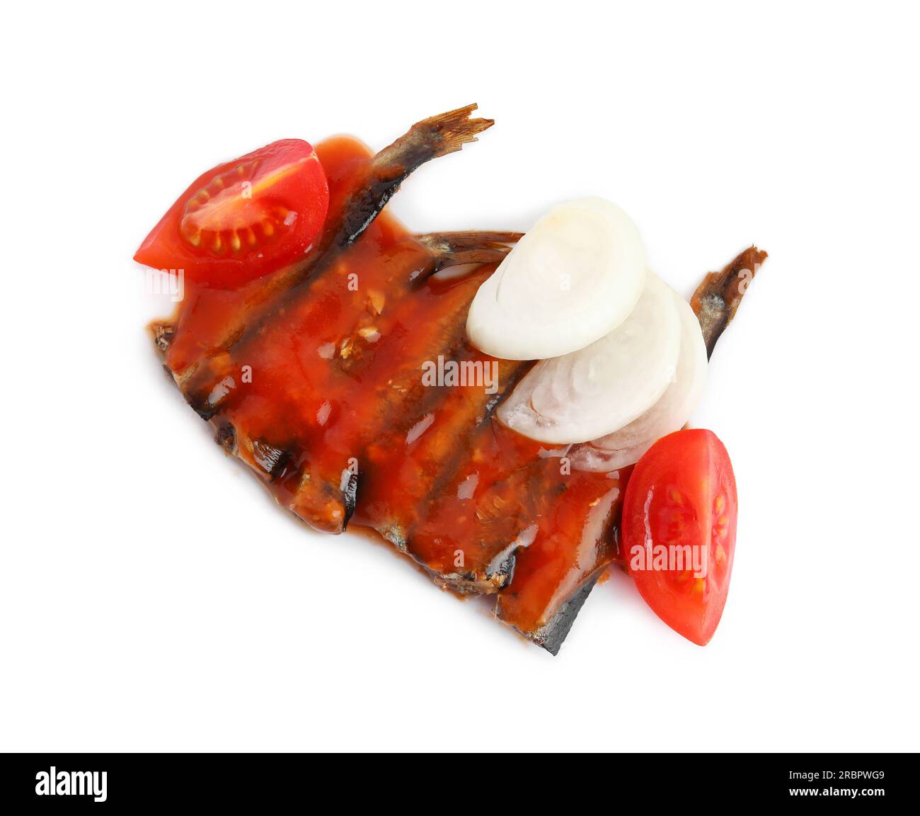 Canned fish in tomato sauce with vegetables isolated on white ...