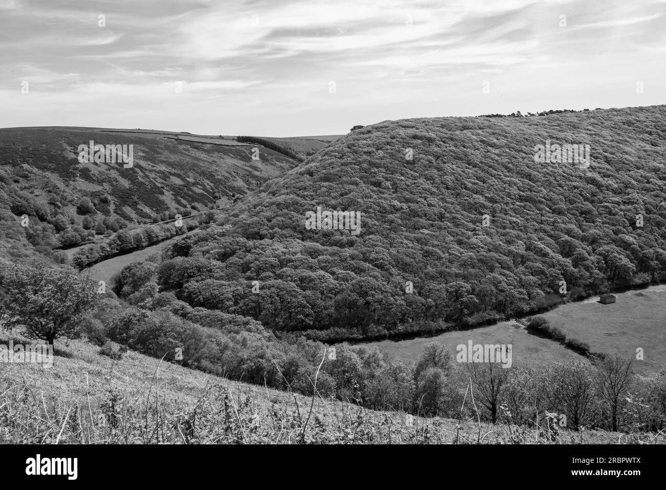 Black and white photo of the Doone valley in Exmoor National Park Stock ...