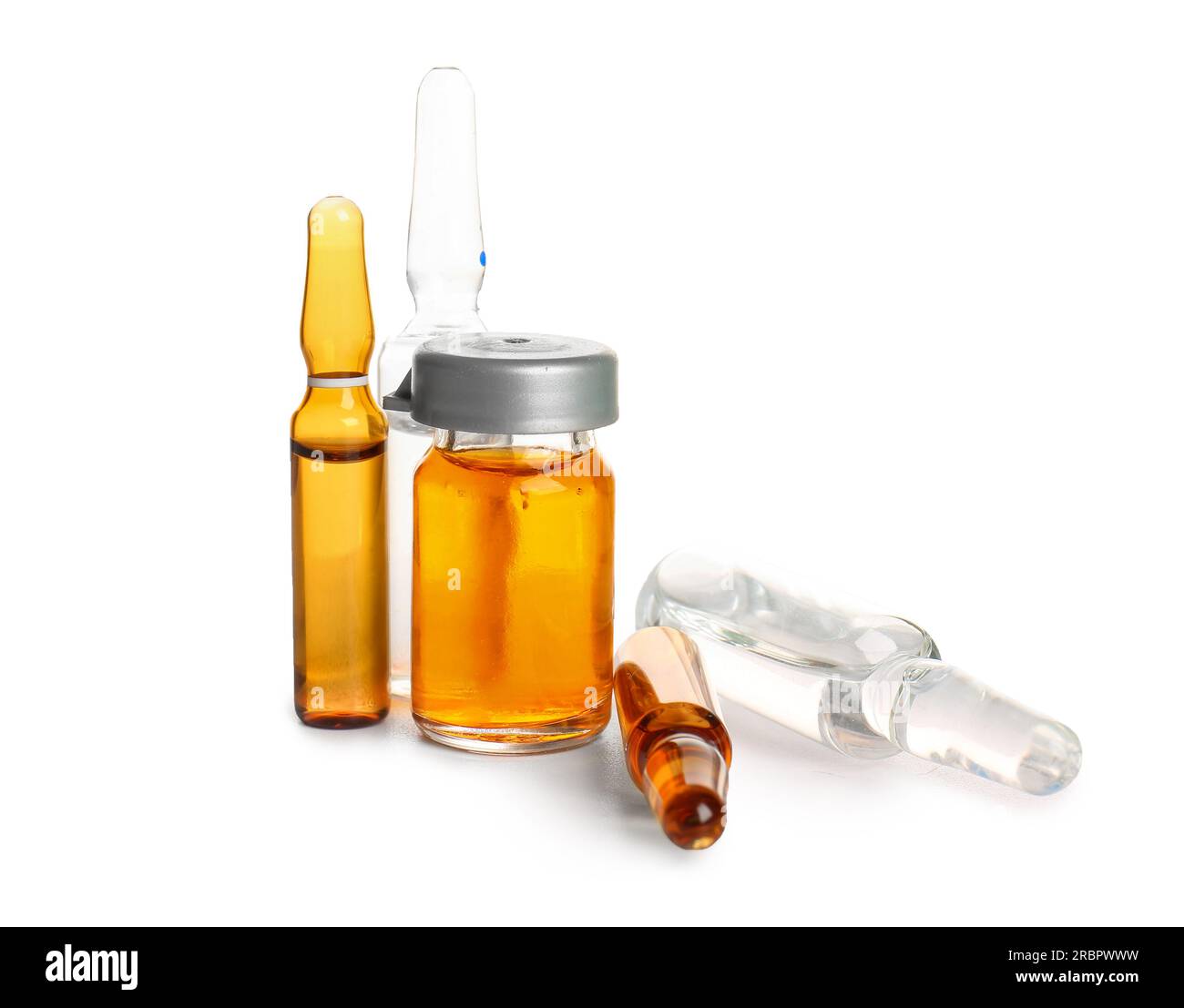 Medical ampules and bottle with medicines on white background Stock ...