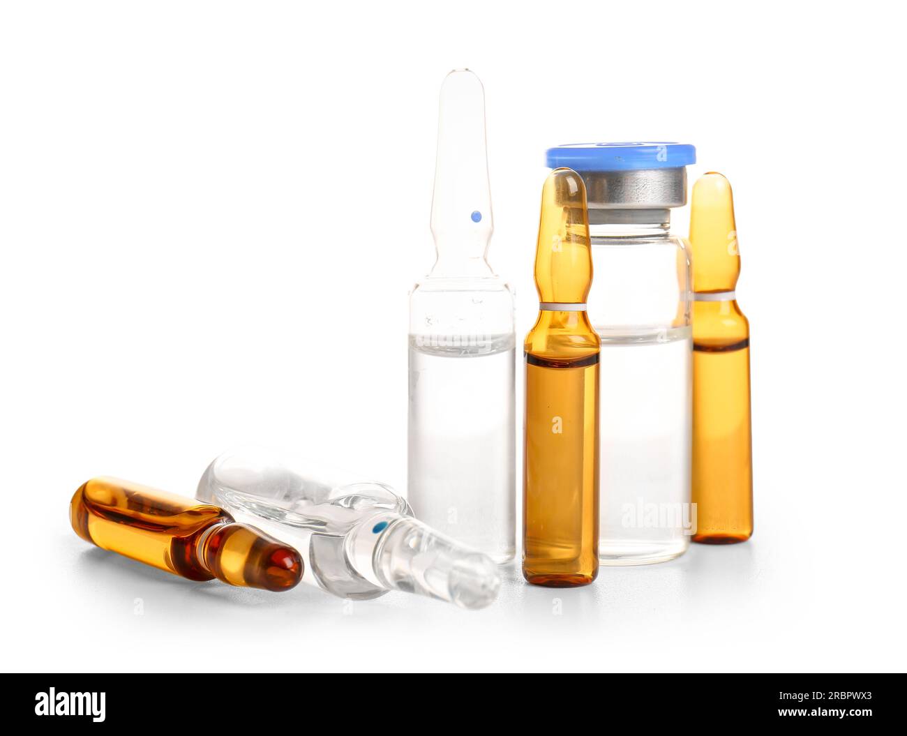 Medical ampules and bottle with medicines on white background Stock ...