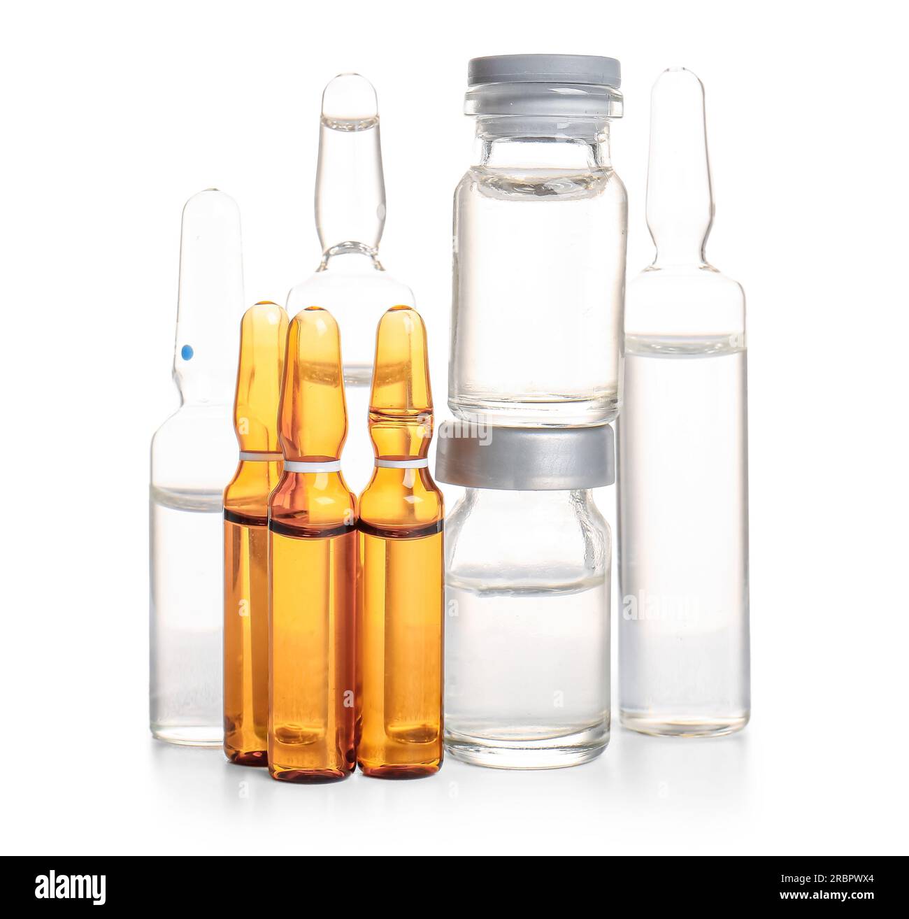 Medical ampules and bottles with medicines on white background Stock ...