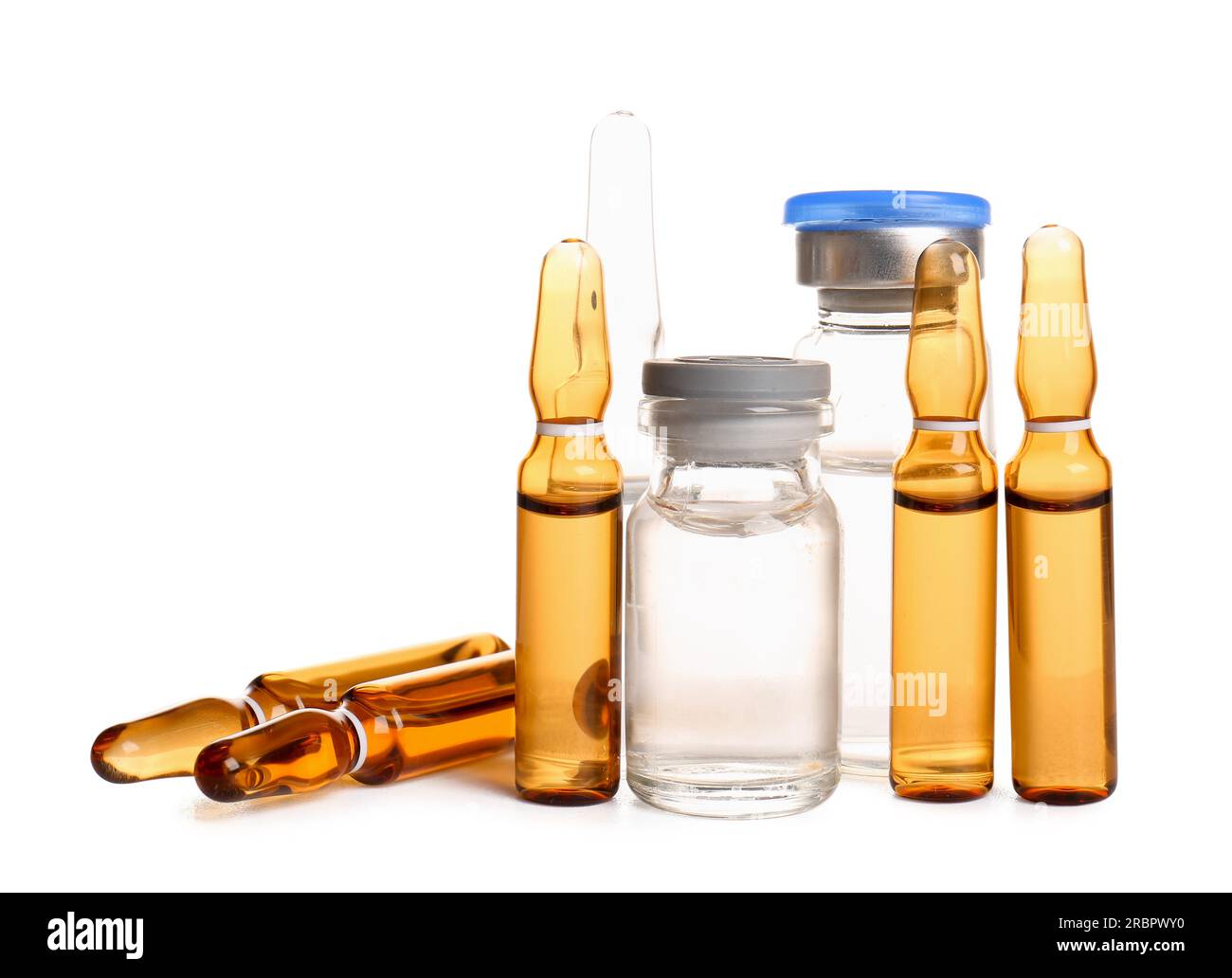Medical ampules and bottles with medicines on white background Stock ...