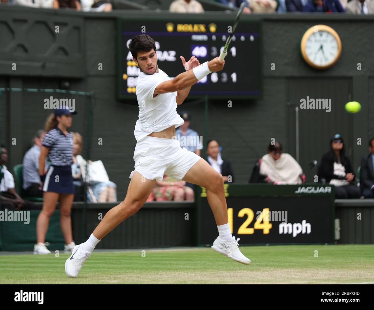 London, UK. 10th July, 2023. Spain's Carloss Alcaraz plays a forehand ...