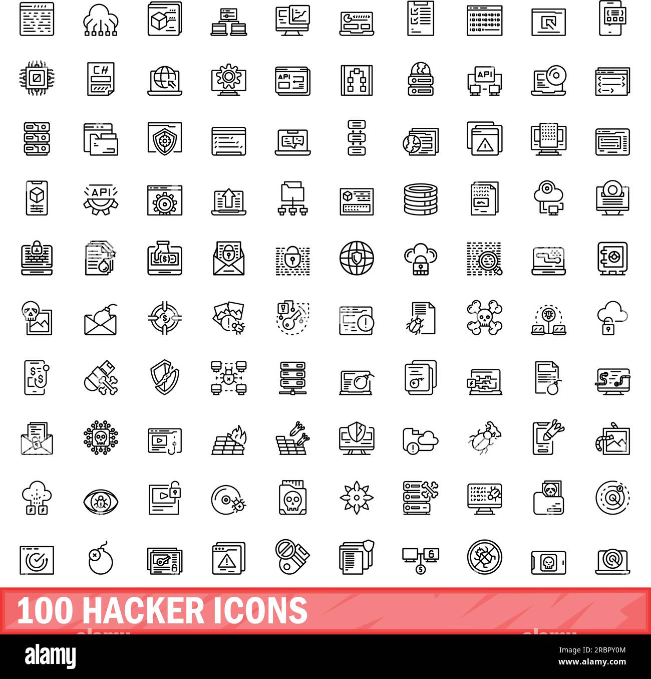 100 hacker icons set. Outline illustration of 100 hacker icons vector set isolated on white ...