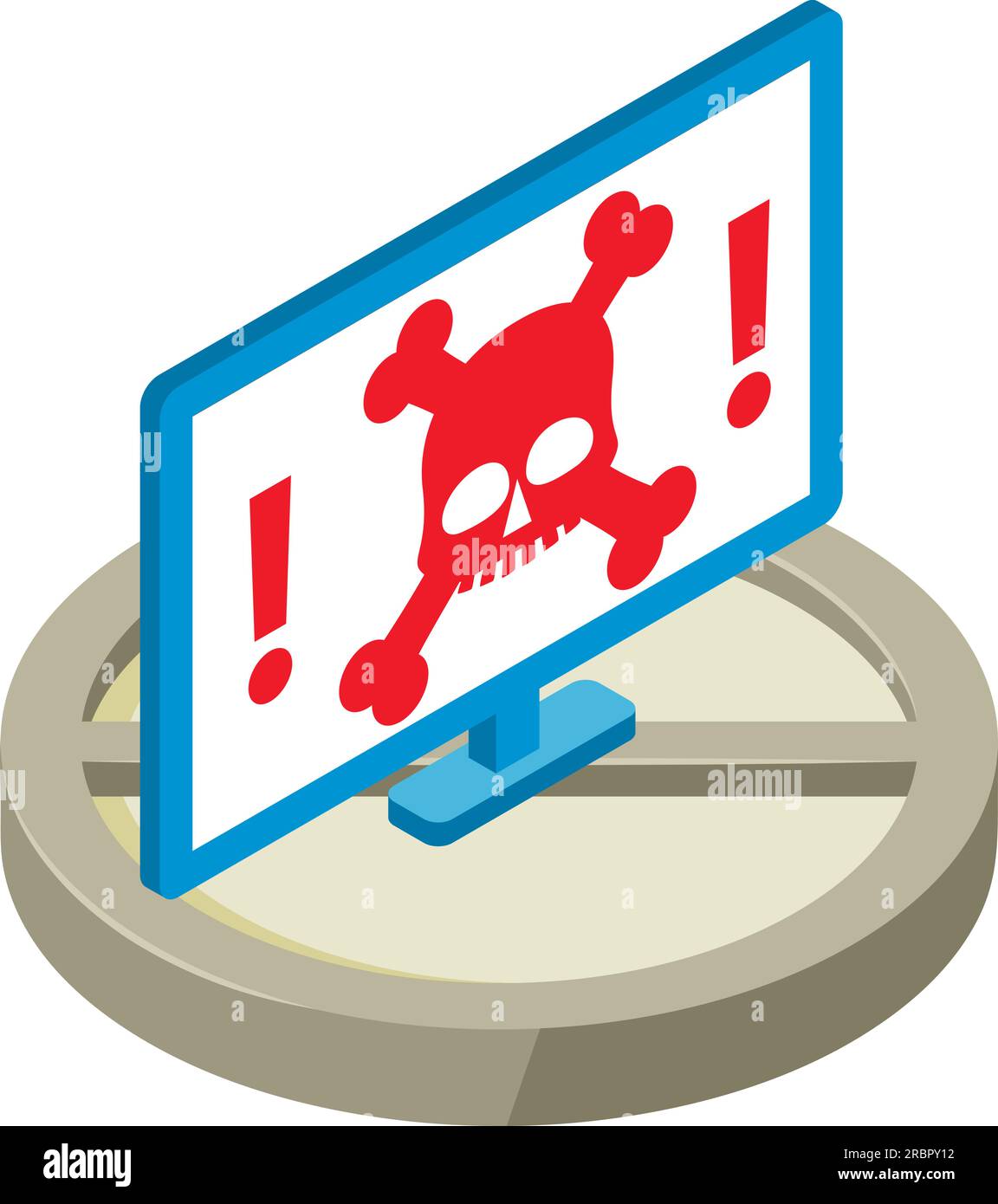 Hacked computer icon isometric vector. Skull bone and exclamation mark ...