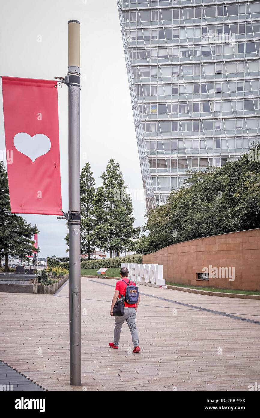 white love heart on a red background flag at Liverpool One, Liverpool ...