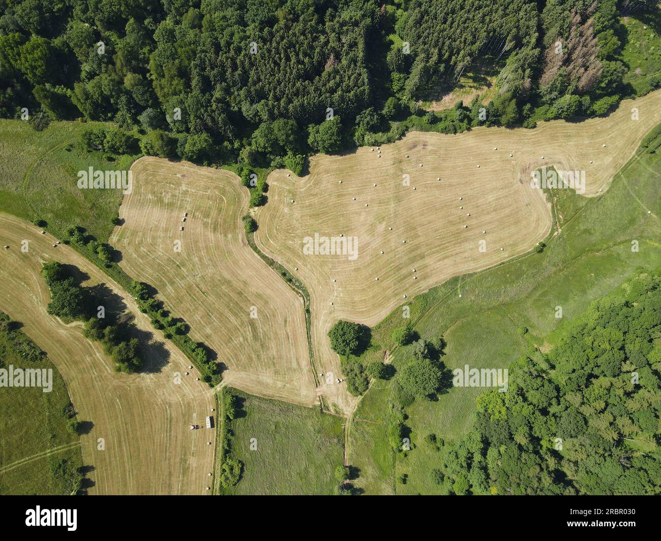 View from above of mowed grass fields with hay bales and trees Stock ...