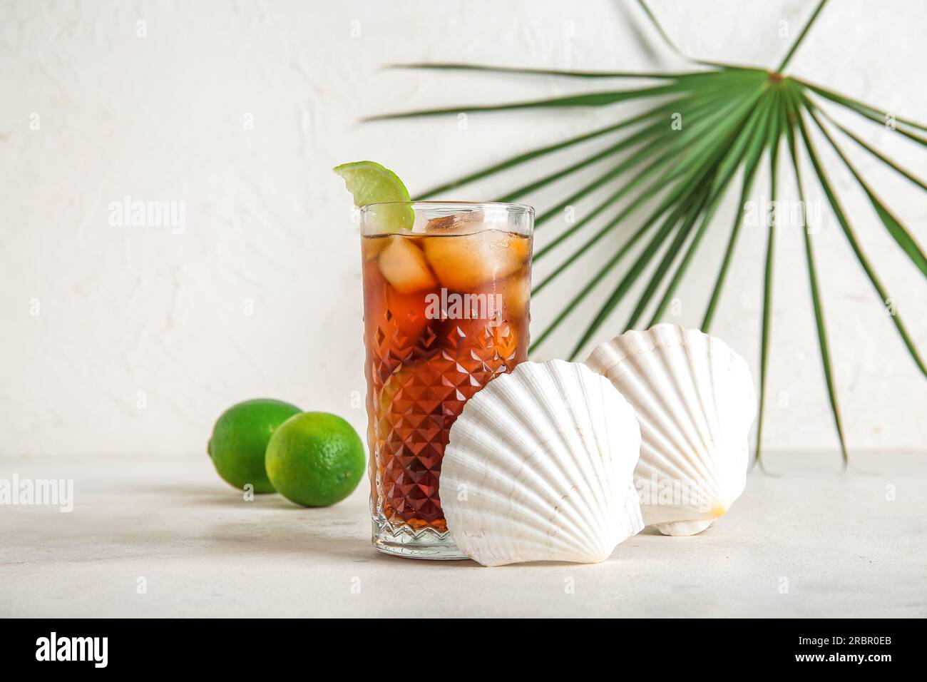 Glass of cold Cuba Libre cocktail, seashells and palm leaf on white ...