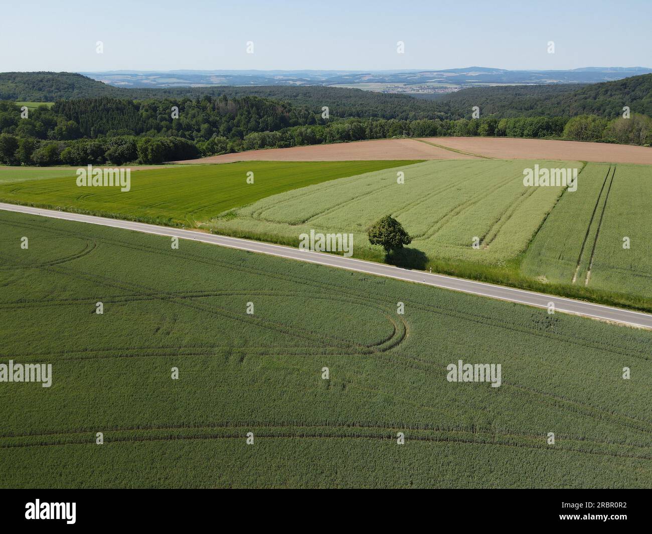 Aerial view of agriculture land with green crop fields, brown plowed ...