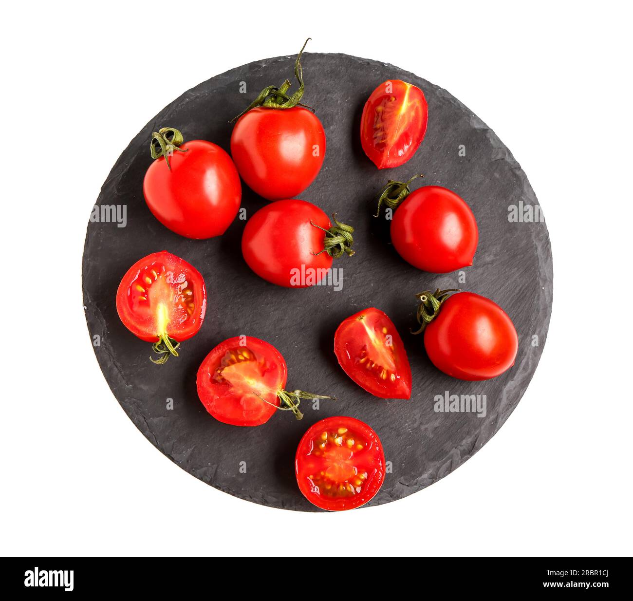 Board with fresh cherry tomatoes on white background Stock Photo - Alamy