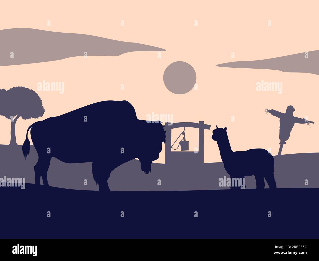 Flat Illustration of Bison and Alpaca in Farm Live. Silhouette Vector ...