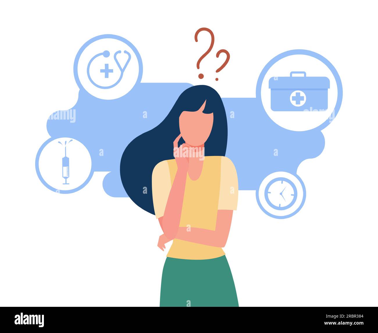 Woman worrying about her health. First aid kit, syringe Stock Vector ...