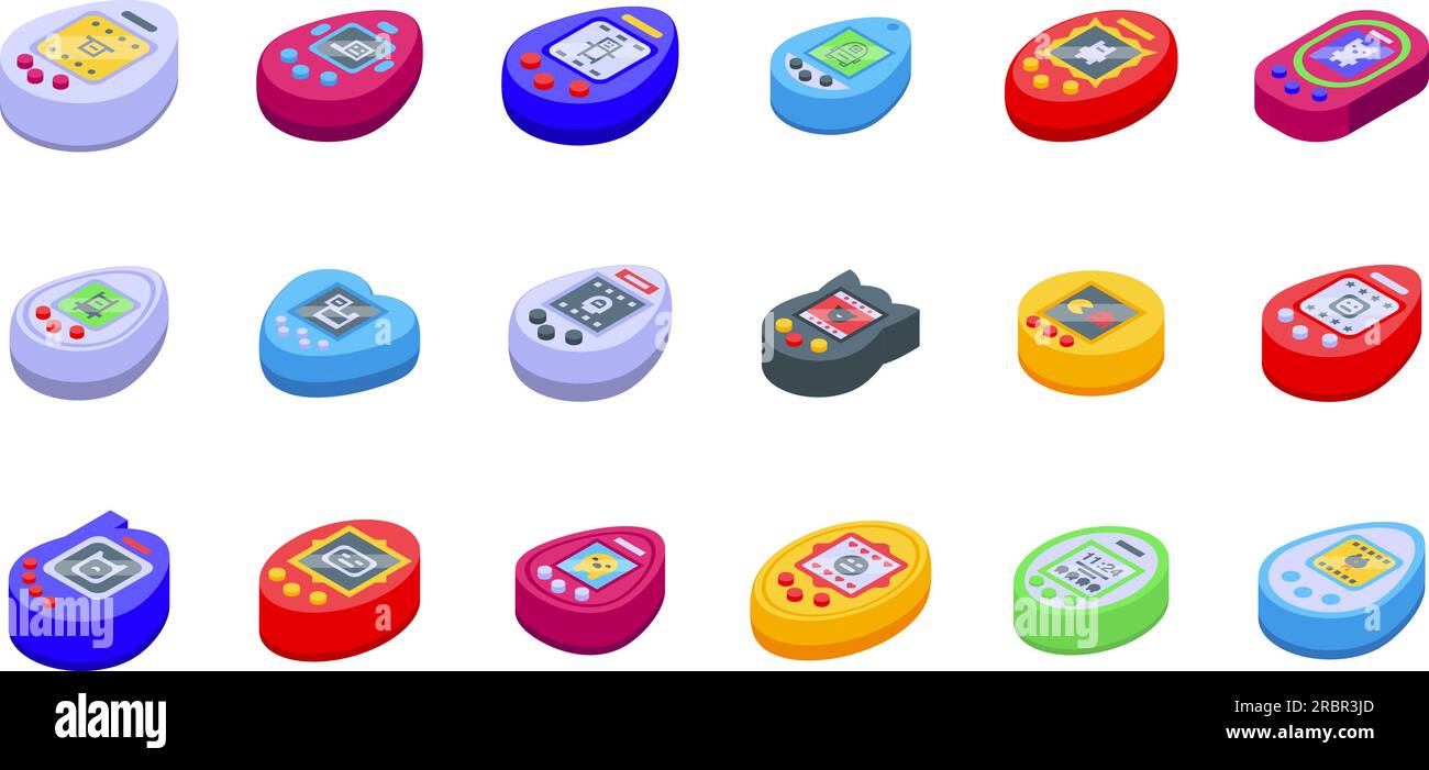 Tamagotchi icons set isometric vector. Screen pixel. Child digital ...