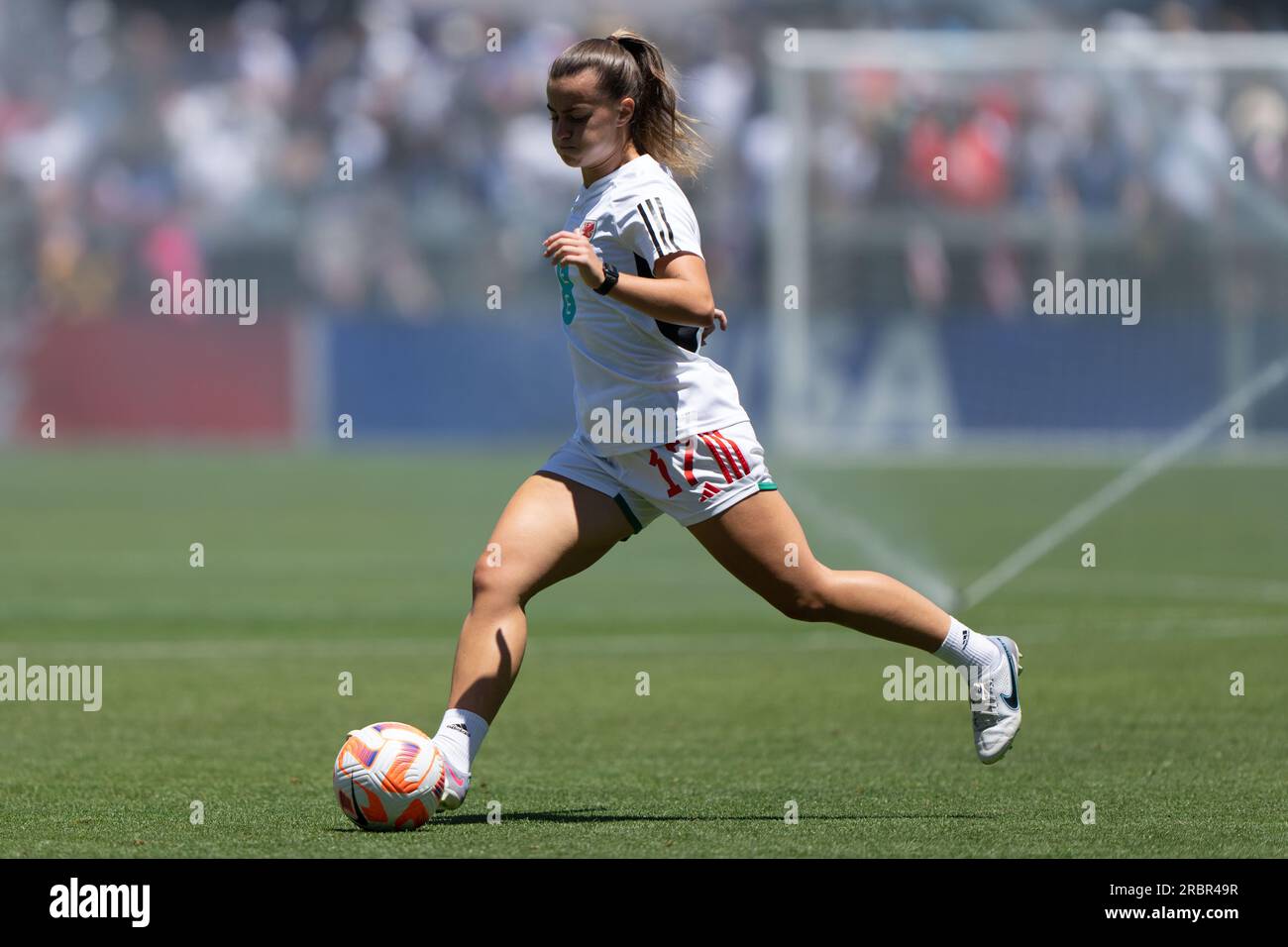 July 9, 2023; San Jose, CA, USA; Wales forward Ella Powell (17) kicks ...